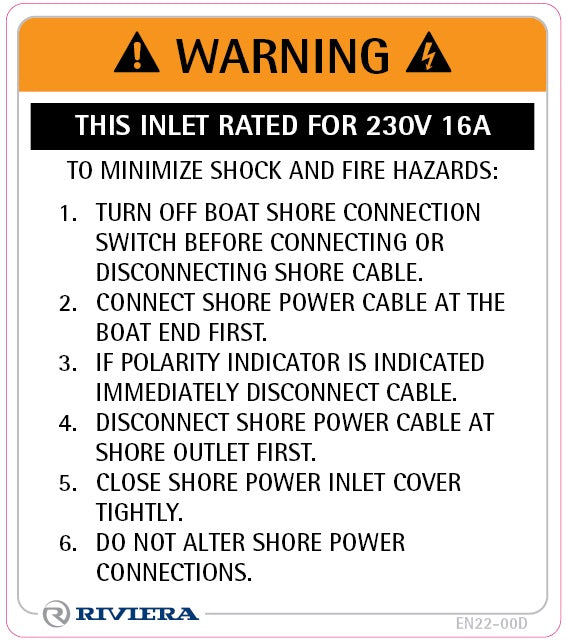 Label Safety Inlet 230V 16ATO 22-00D – Riviera Genuine Parts