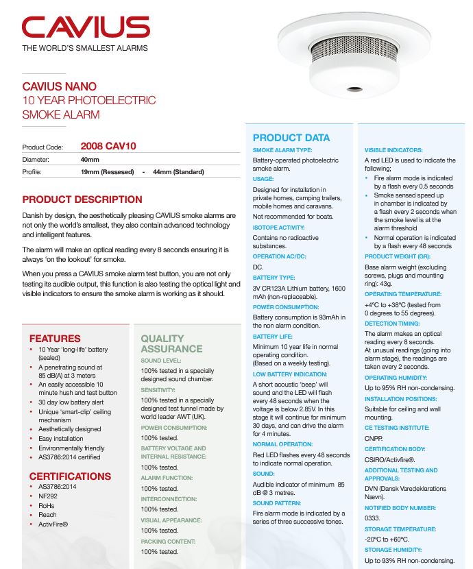 Alarm Smoke Cavius Nano – Riviera Genuine Parts